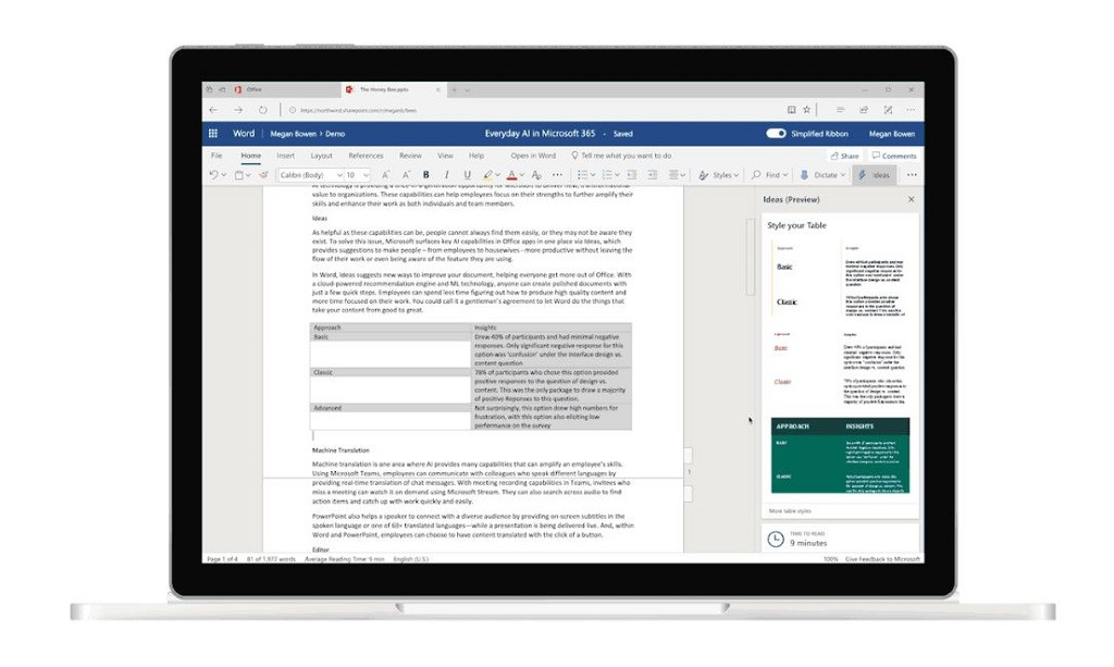 Microsoft Ideas, Kecerdasan Buatan di Word Online