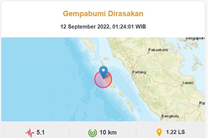 Gempa Magnitudo 5,1 Guncang Kepulauan Mentawai