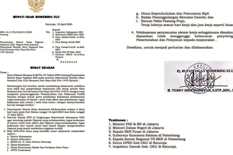 Pemkab OKU Terapkan Kebijakan WFH 2 Hari Pertama Pascalibur Lebaran Pemkab OKU Terapkan Kebijakan WFH 2 Hari Pertama Pascalibur Lebaran