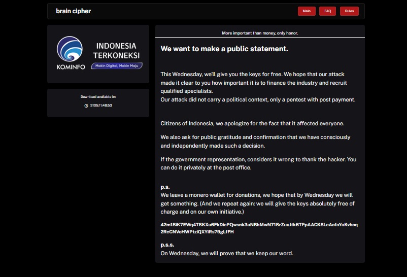 Kelompok Brain Cipher Janji Berikan Kunci Ransomware Pdn Besok