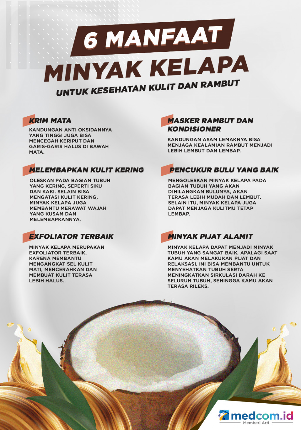 6 Manfaat Minyak Kelapa untuk Kesehatan Kulit dan Rambut