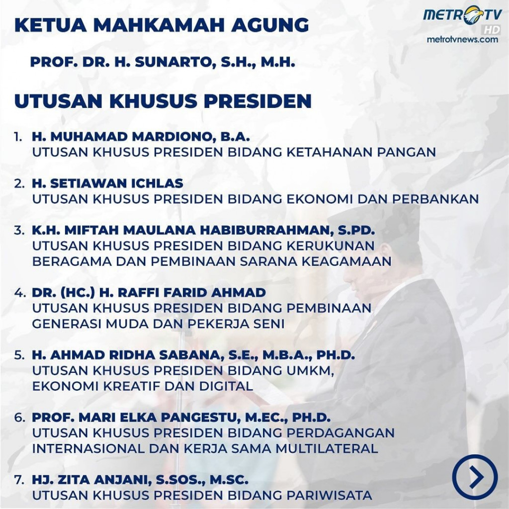 Daftar Kepala Badan dan Penasihat Khusus Presiden Prabowo