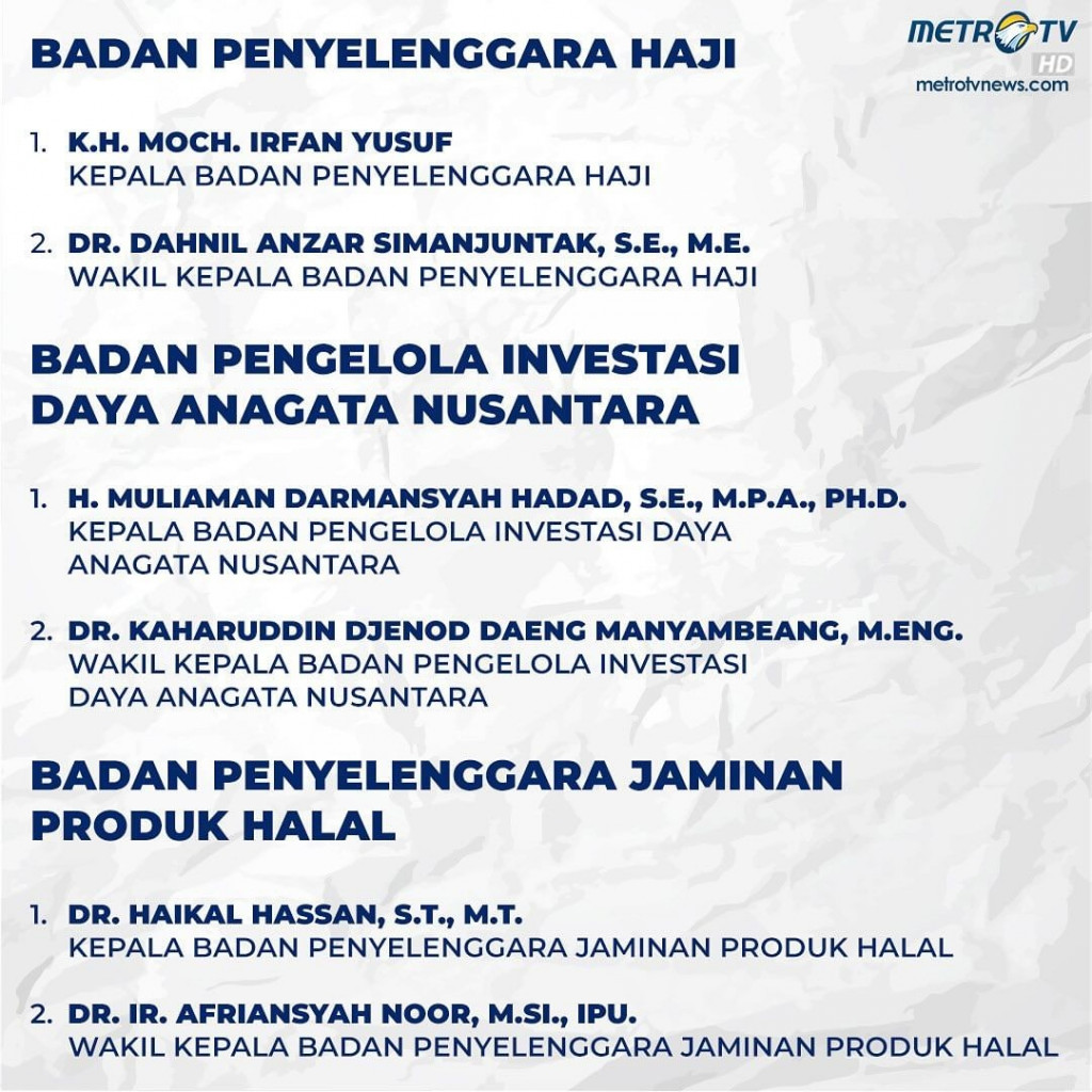 Daftar Kepala Badan dan Penasihat Khusus Presiden Prabowo