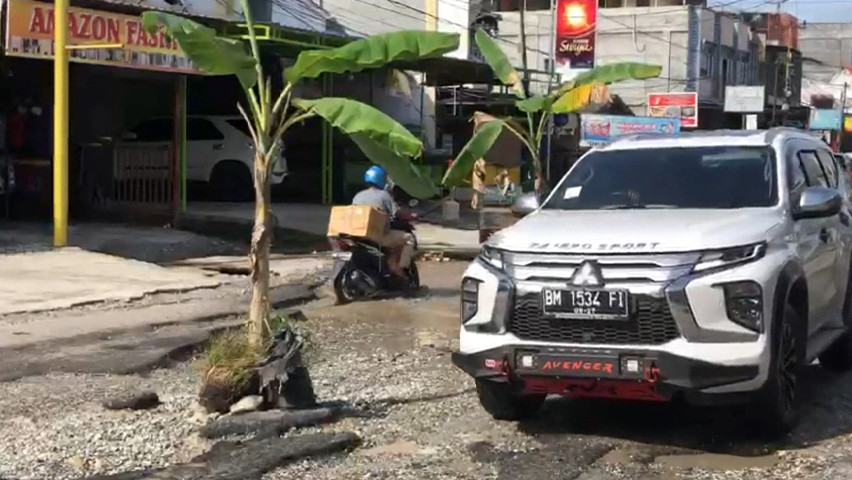 Tak Kunjung Diperbaiki, Warga Pekanbaru Tanam Pohon Pisang di Jalan Rusak