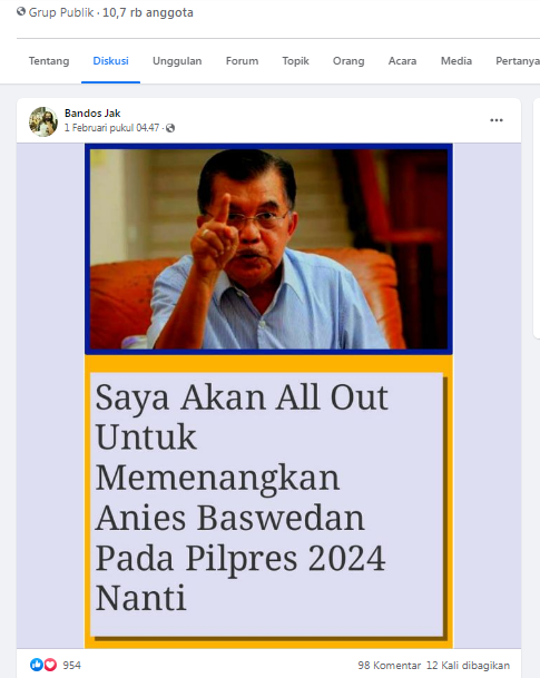 [cek Fakta] Jusuf Kalla Akan Dukung Penuh Anies Baswedan Pada Pilpres