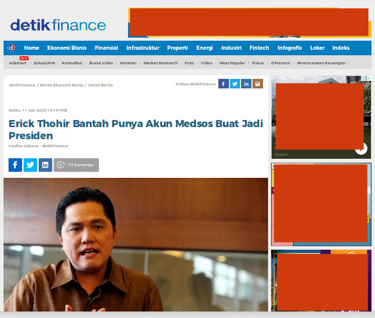 [Cek Fakta] Benarkah Erick Thohir Membuat Akun Facebook Erick Thohir Presi