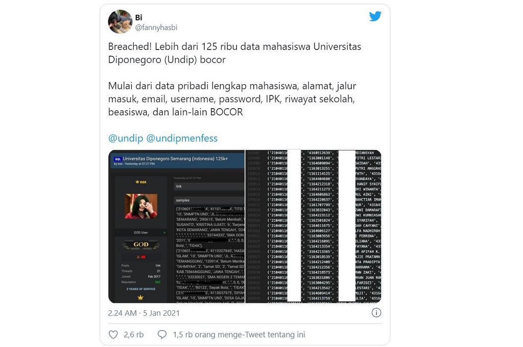 Data 125 Ribu Mahasiswa UNDIP Alami Kebocoran