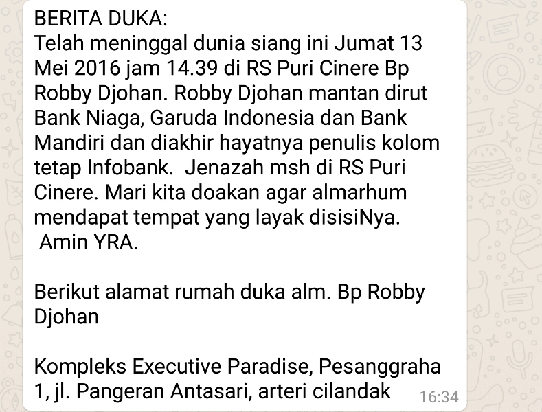 Robby Djohan, Mantan Dirut Garuda Meninggal Dunia