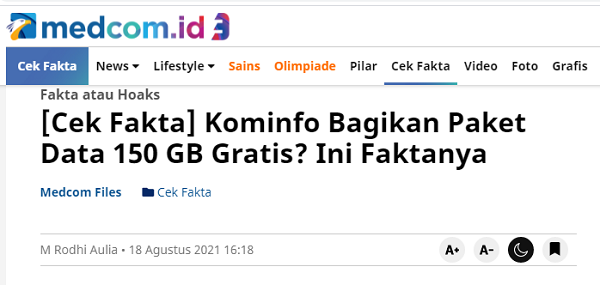 [Cek Fakta] Beredar lagi Link Kominfo Bagikan Paket Data 150 GB Gratis ...