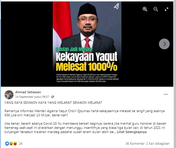 [Cek Fakta] Benarkah Kekayaan Yaqut Meningkat Tajam setelah 9 Bulan ...