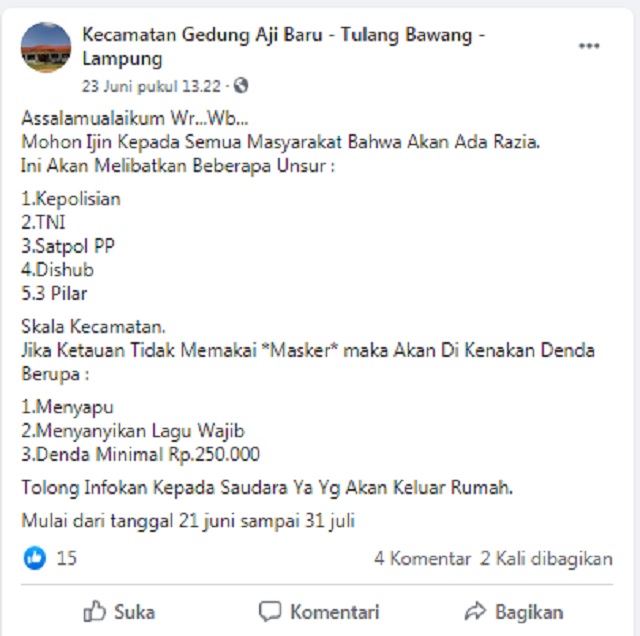 Tak Pakai Masker Denda Minimal Rp250 Ribu? Ini Faktanya