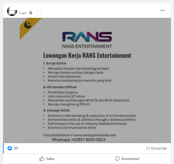 [Cek Fakta] Benarkah Nomor WA Ini Resmi terkait Lowongan Kerja RANS ...