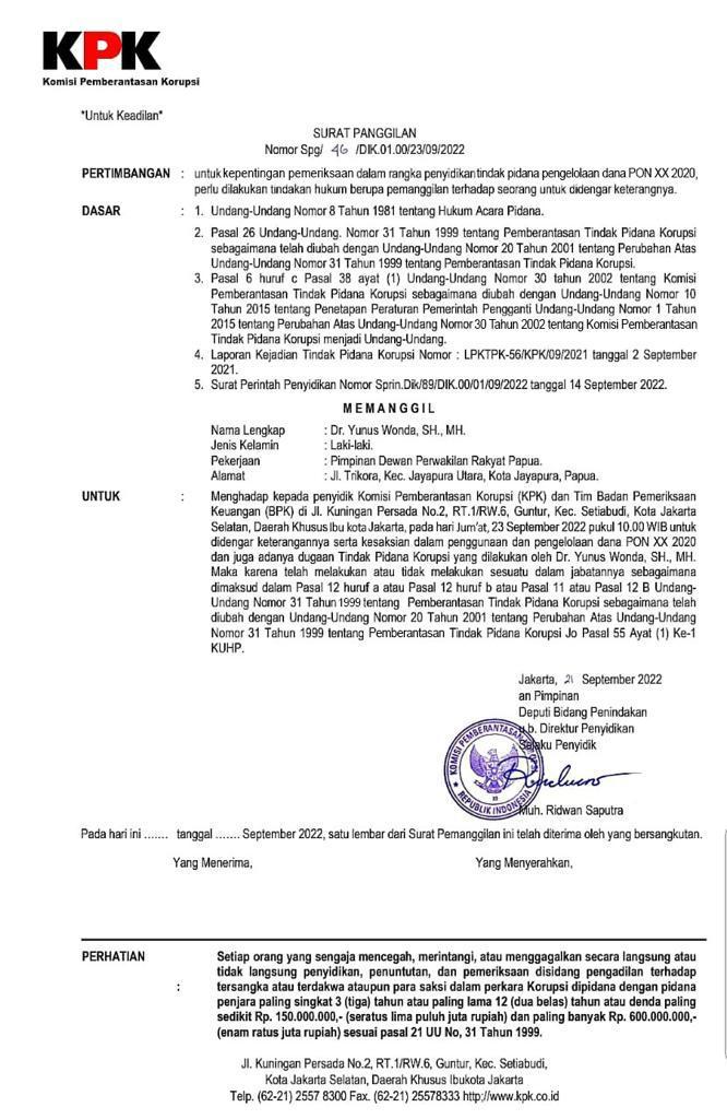 Beredar Surat Panggilan Palsu Bawa Nama Penyidik KPK Gadungan di Papua